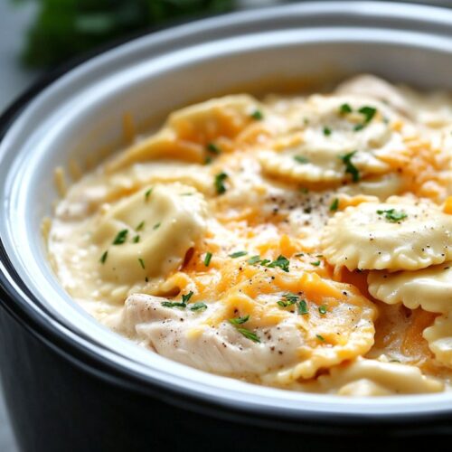 Crockpot Cheesy Chicken & Ravioli Bake: